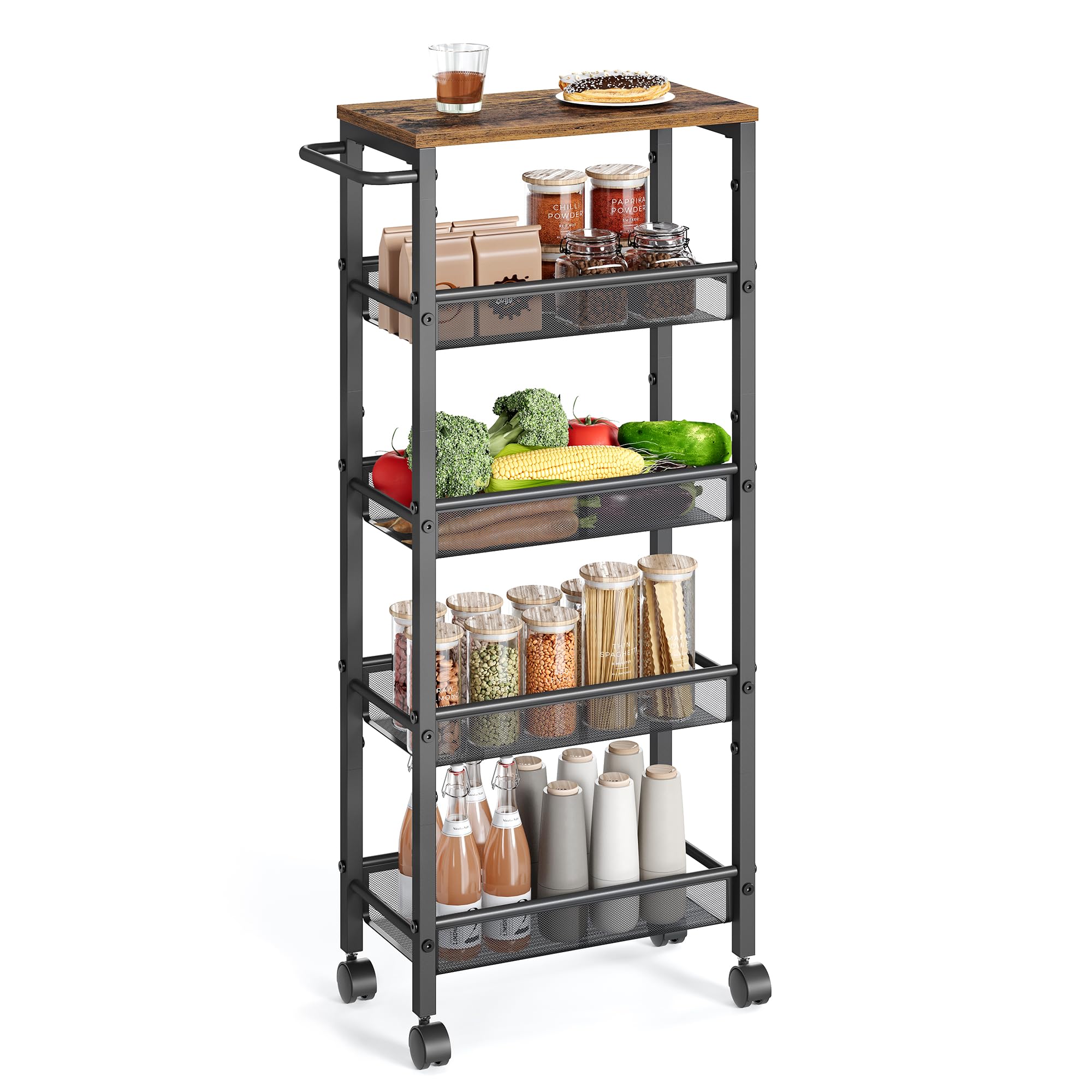 VASAGLE Slim Rolling Cart, 5-Tier Storage Cart, Narrow Cart with Handle, 8.7 Inches Deep, Metal Frame, for Kitchen, Dining Room, Living Room, Home Office, Rustic Brown and Black ULRC035B01