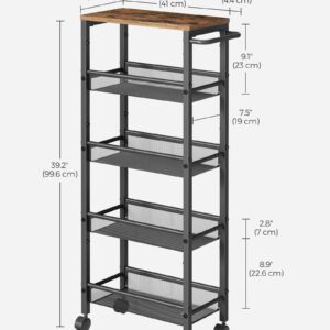 VASAGLE Slim Rolling Cart, 5-Tier Storage Cart, Narrow Cart with Handle, 8.7 Inches Deep, Metal Frame, for Kitchen, Dining Room, Living Room, Home Office, Rustic Brown and Black ULRC035B01