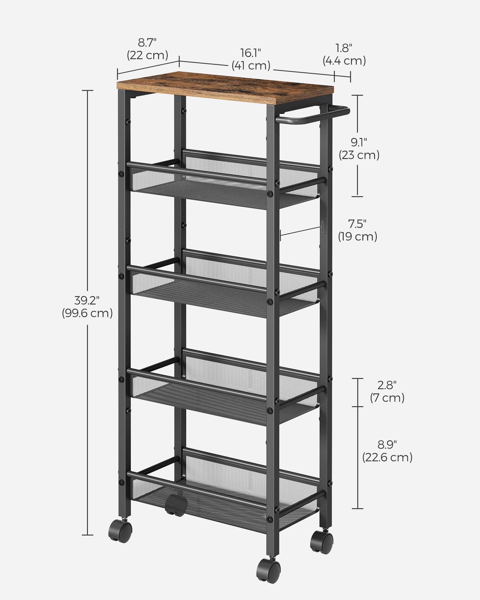 VASAGLE Slim Rolling Cart, 5-Tier Storage Cart, Narrow Cart with Handle, 8.7 Inches Deep, Metal Frame, for Kitchen, Dining Room, Living Room, Home Office, Rustic Brown and Black ULRC035B01