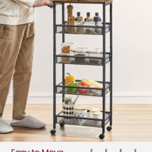 VASAGLE Slim Rolling Cart, 5-Tier Storage Cart, Narrow Cart with Handle, 8.7 Inches Deep, Metal Frame, for Kitchen, Dining Room, Living Room, Home Office, Rustic Brown and Black ULRC035B01