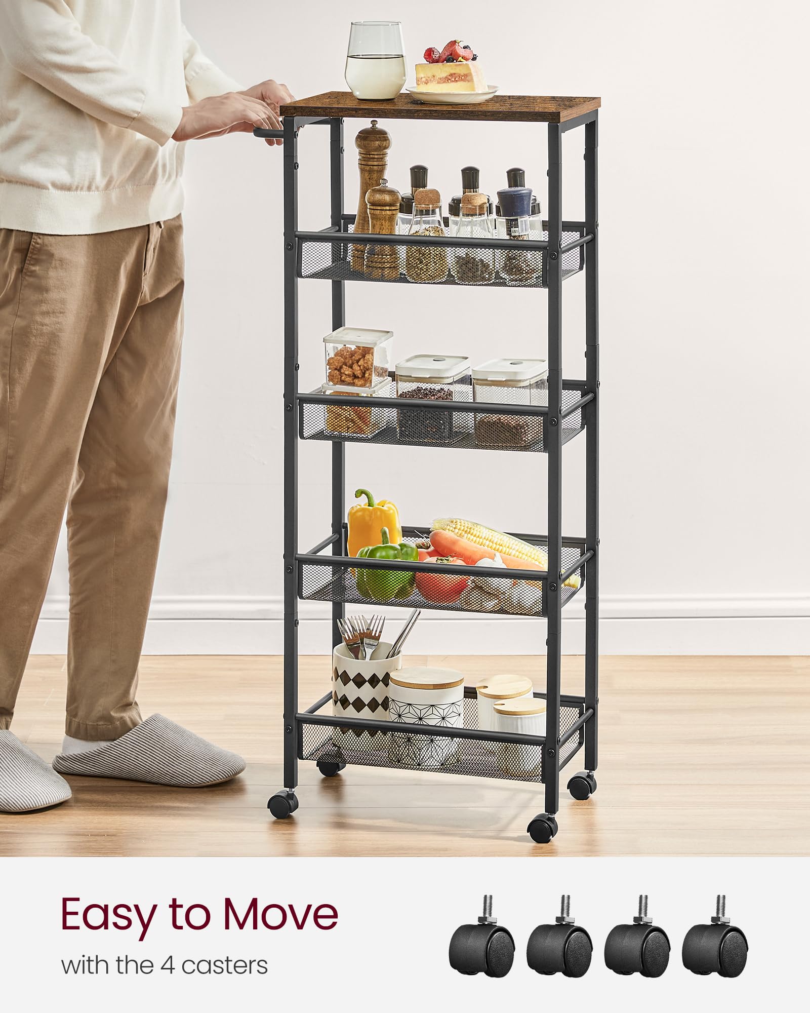 VASAGLE Slim Rolling Cart, 5-Tier Storage Cart, Narrow Cart with Handle, 8.7 Inches Deep, Metal Frame, for Kitchen, Dining Room, Living Room, Home Office, Rustic Brown and Black ULRC035B01