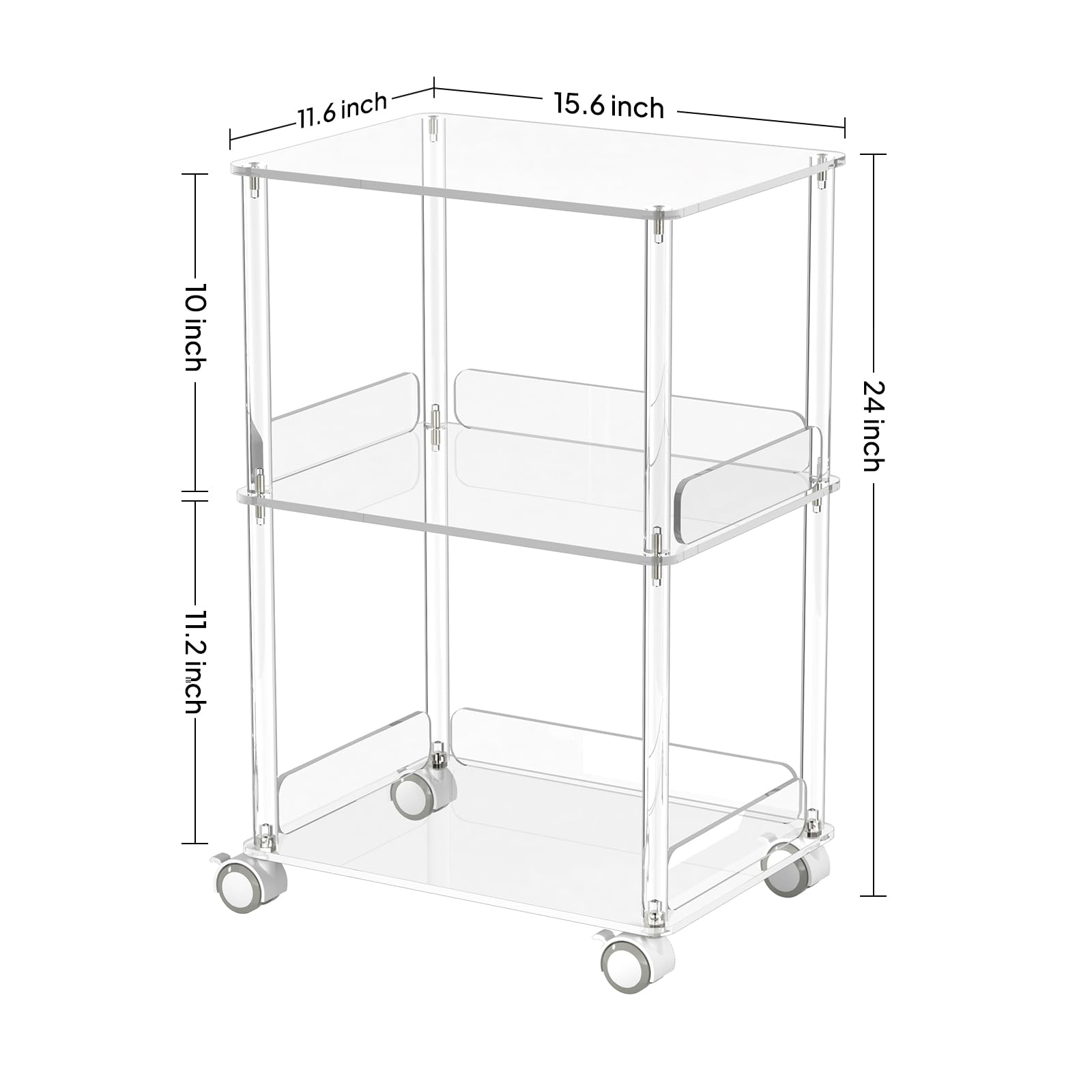 AQUIVER Acrylic Rolling Side Table - 3 Tiers End Table with Lockable Wheels - Small Clear Table for Living Room, Bedroom, Office - 15.6'' L x 11.6'' W x 24'' H