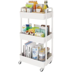 laiensia 3-tier storage cart,multifunction kitchen storage organizer,mobile shelving unit utility rolling cart with lockable wheels for bathroom,laundry,living room,with classified stickers,white