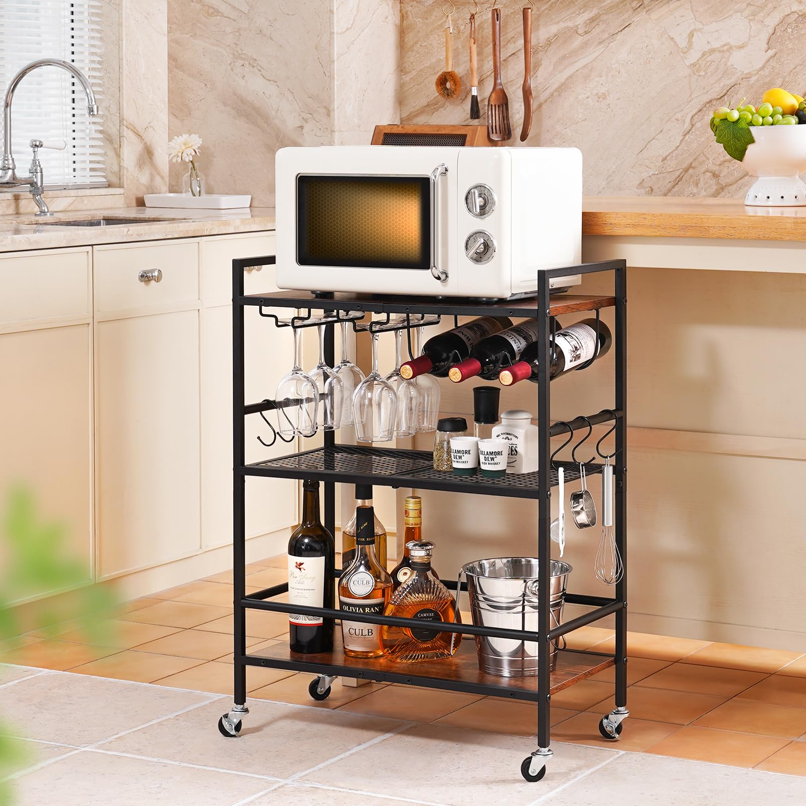 Yoobure Bar Cart with Wheels, Bar Carts for The Home, 3-Tier Rolling Kitchen Cart with Wine Rack and Glass Holder, Home Bar & Serving Carts with Hooks Wine Cart Microwave Cart for Kitchen Living Room