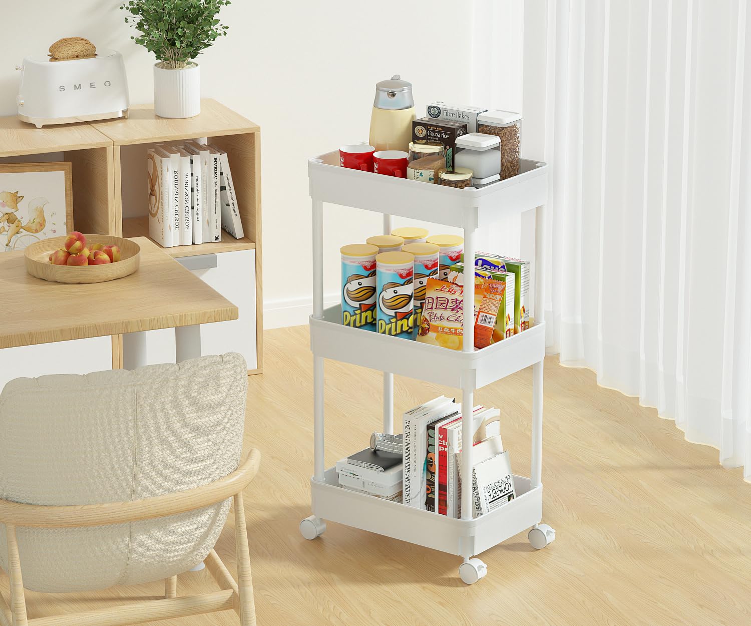 Sooyee 3-Tier Plastic Rolling Utility Cart with Wheels, Multi-Functional Storage Trolley for Office, Living Room, Kitchen, Movable Storage Organizer with Wheels, White