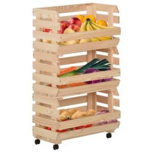 GOLINPEILO Wooden Vegetable Trolley, 3-Tier Wood Kitchen Rolling Cart, Wood Trolley Island Cart, Utility Cart Multi-Layer Storage Shelf Rack on Wheels, 14.6"x11.8"x31.5" Solid Wood Pine -295