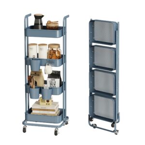 merapi 4 tier foldable rolling cart, metal utility cart with wheels, 3 hanging cups and 6 hooks, folding trolley for living room, kitchen, bathroom, bedroom and office, blue