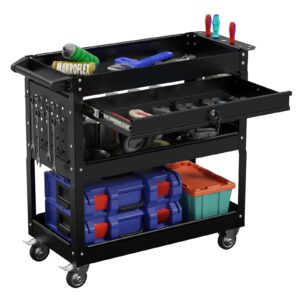 3 tier tool cart on wheels with lockable drawer, heavy duty rolling tool cart,large storage capability tool cart with drawers, suitable for garage, warehouse, and repair shop (black)