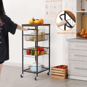 NORCEESAN Rolling Storage Cart 4 Tier Kitchen Cart on Wheels Metal Mobile Utility Cart with Storage Basket Shelf Bathroom Organizer Cart with Handle Pantry Trolley Cart with Tabletop for Home Office