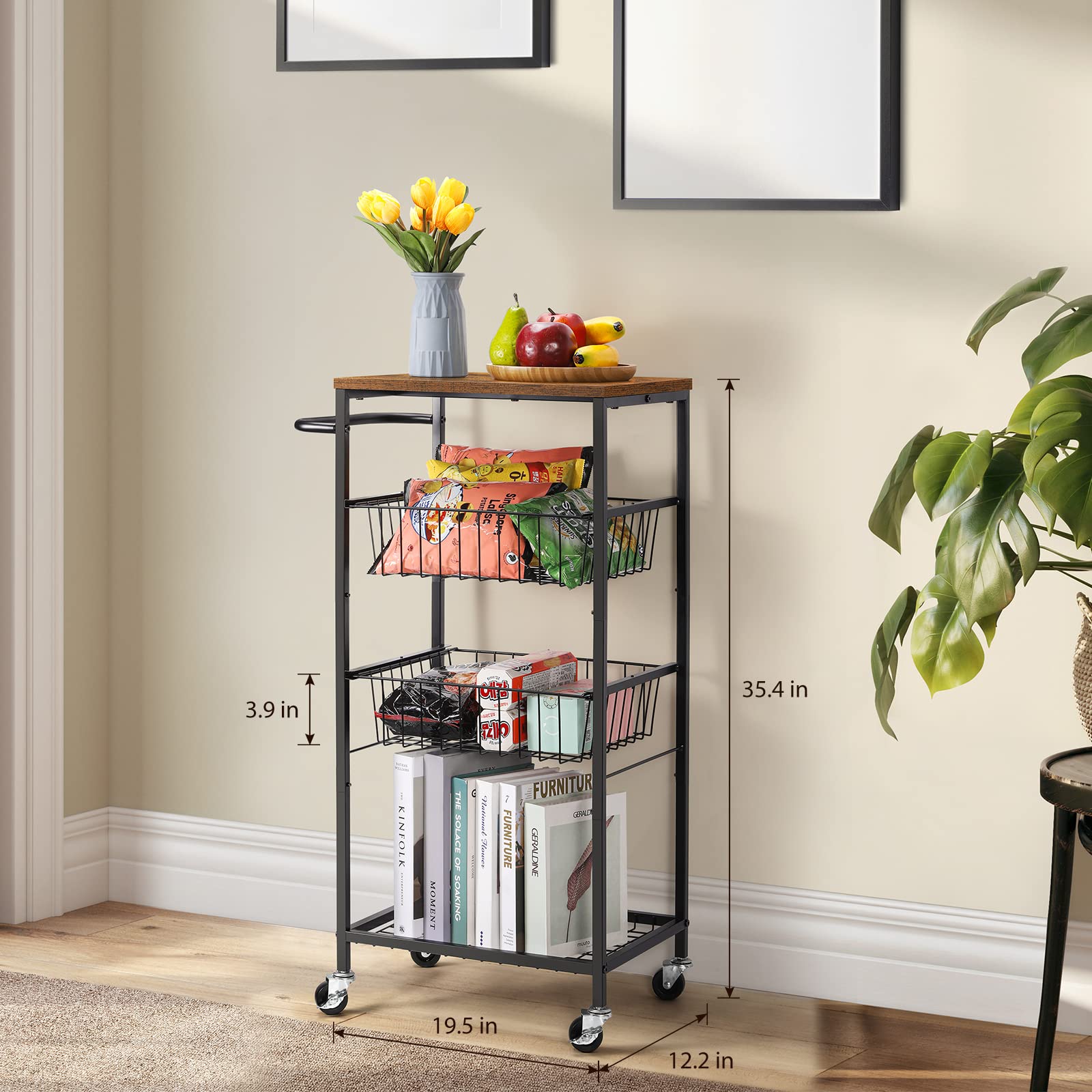 NORCEESAN Rolling Storage Cart 4 Tier Kitchen Cart on Wheels Metal Mobile Utility Cart with Storage Basket Shelf Bathroom Organizer Cart with Handle Pantry Trolley Cart with Tabletop for Home Office