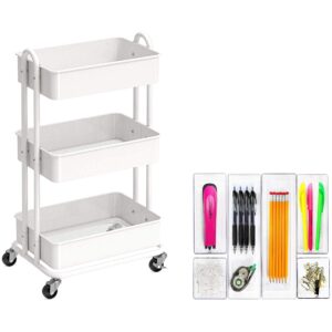 simplehouseware heavy duty 3-tier metal utility rolling cart + 6 pack - plastic desk drawer organizers