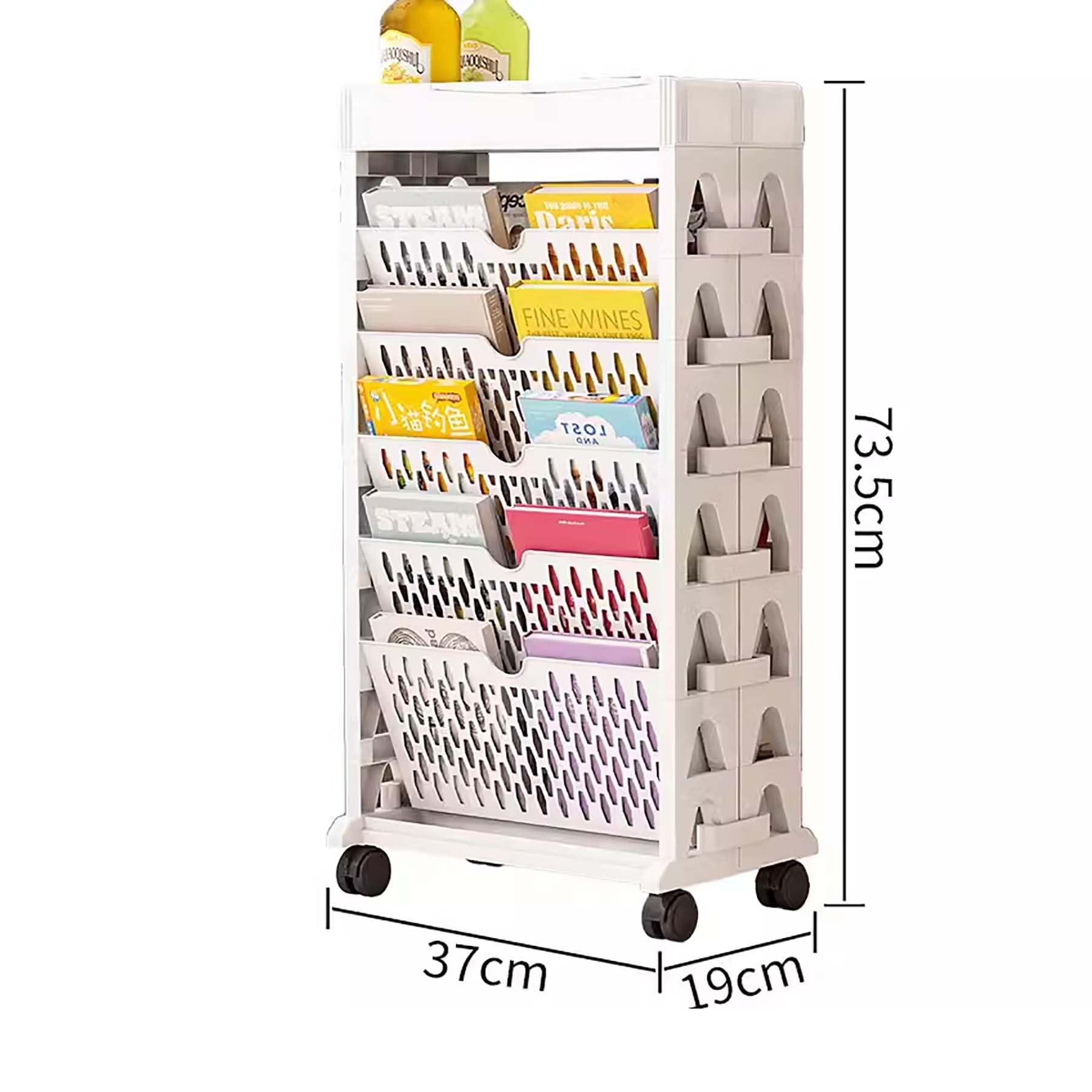 Utility Cart Organizer Mobile Bookshelf Cart Rolling 6 Tier Movable Bookshelf Cart Desk Side Cart for Office Dorm Classroom,White