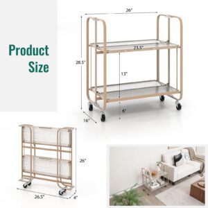 LOKO 2-Tier Foldable Bar Cart on Wheels, Mobile Home Bar & Serving Cart with Tempered Glass Shelf, Rolling Kitchen Island Cart with Powder-Coated Metal Frame, for Dining Room Living Room, Rose Gold