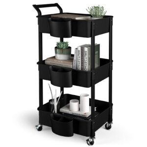 hamone 3-tier utility rolling cart,mobile utility cart with lockable caster wheels,storage shelves organizer cart, 3 hanging baskets, easy assembly,for bathroom, kitchen, office, workshop,black