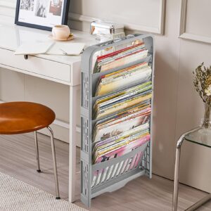 6 Tier Book Rack Storage Bookshelf, Removable Movable Unique Bookcase, Slim Storage Trolley for Books, Corner Display Rack for Dorm Library, Multi Purpose Rolling Cart (Gray)