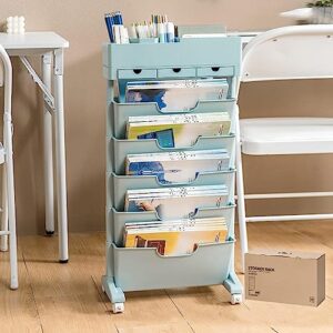 function home bookcase, 6 tier rolling utility cart, 6 tier movable bookshelf bookcase, mobile book cart, rolling office paper organizer, slim cart movable bookshelf for office, classroom (blue)