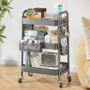 3 tier rolling utility cart - metal white cart organizer with wheels, book cart with diy dual pegboards, removable baskets hooks