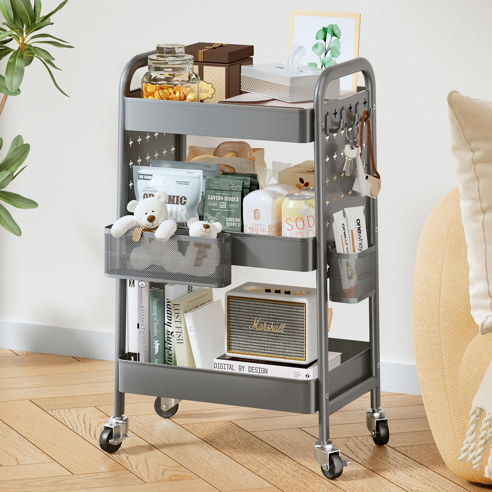 3 Tier Rolling Utility Cart - Metal White Cart Organizer with Wheels, Book Cart with DIY Dual Pegboards, Removable Baskets Hooks