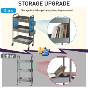 3 Tier Rolling Utility Cart - Metal White Cart Organizer with Wheels, Book Cart with DIY Dual Pegboards, Removable Baskets Hooks