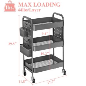 3 Tier Rolling Utility Cart - Metal White Cart Organizer with Wheels, Book Cart with DIY Dual Pegboards, Removable Baskets Hooks