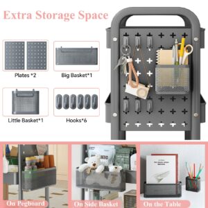 3 Tier Rolling Utility Cart - Metal White Cart Organizer with Wheels, Book Cart with DIY Dual Pegboards, Removable Baskets Hooks