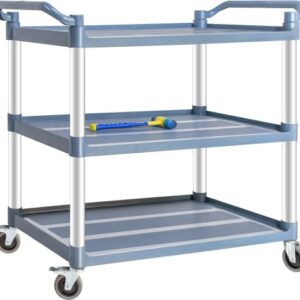 BRLJUNEO Plastic Utility Carts with Wheels, 3-Tier Large Size Restaurant Food Cart, Heavy Duty 600lbs Capacity Rolling Service Cart w/Hammer for Commercial, Kitchen, Office (Lockable Wheels, L-Grey)