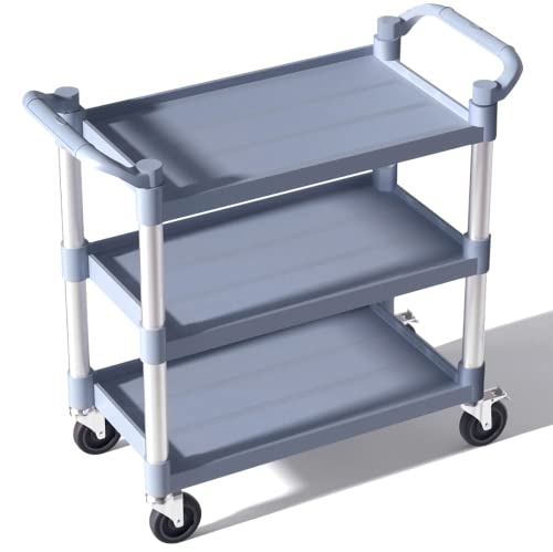 BRLJUNEO Plastic Utility Carts with Wheels, 3-Tier Large Size Restaurant Food Cart, Heavy Duty 600lbs Capacity Rolling Service Cart w/Hammer for Commercial, Kitchen, Office (Lockable Wheels, L-Grey)