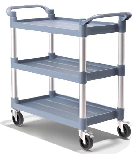 BRLJUNEO Plastic Utility Carts with Wheels, 3-Tier Large Size Restaurant Food Cart, Heavy Duty 600lbs Capacity Rolling Service Cart w/Hammer for Commercial, Kitchen, Office (Lockable Wheels, L-Grey)