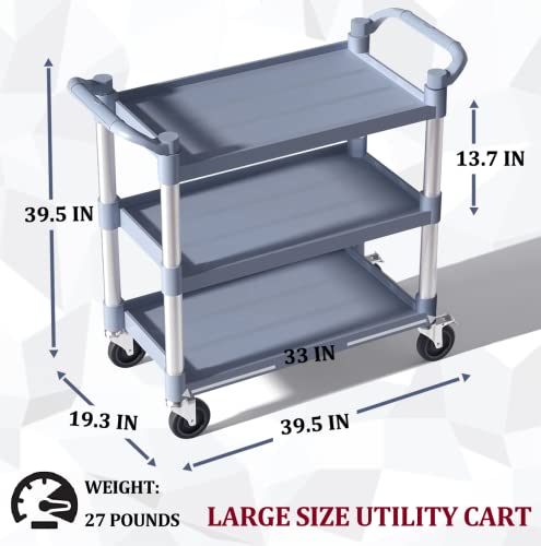 BRLJUNEO Plastic Utility Carts with Wheels, 3-Tier Large Size Restaurant Food Cart, Heavy Duty 600lbs Capacity Rolling Service Cart w/Hammer for Commercial, Kitchen, Office (Lockable Wheels, L-Grey)