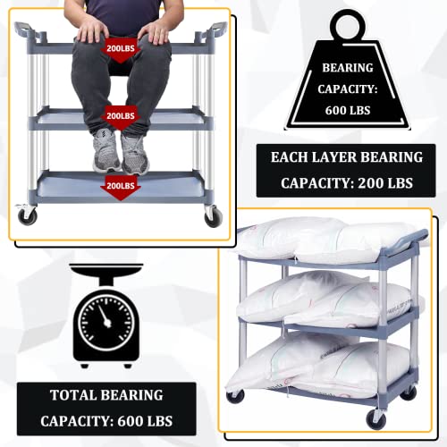 BRLJUNEO Plastic Utility Carts with Wheels, 3-Tier Large Size Restaurant Food Cart, Heavy Duty 600lbs Capacity Rolling Service Cart w/Hammer for Commercial, Kitchen, Office (Lockable Wheels, L-Grey)