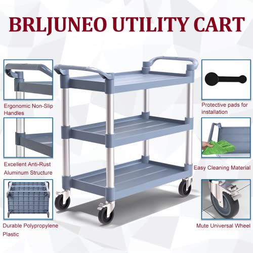 BRLJUNEO Plastic Utility Carts with Wheels, 3-Tier Large Size Restaurant Food Cart, Heavy Duty 600lbs Capacity Rolling Service Cart w/Hammer for Commercial, Kitchen, Office (Lockable Wheels, L-Grey)