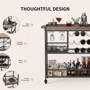 Gizoon 3 Tier 38" Home Bar Serving Cart with Large Storage Space, Mobile Kitchen Storage Trolley with Lockable Wheels, 12 Wine Rack, Glass Holder, Removable Tray (Gray)