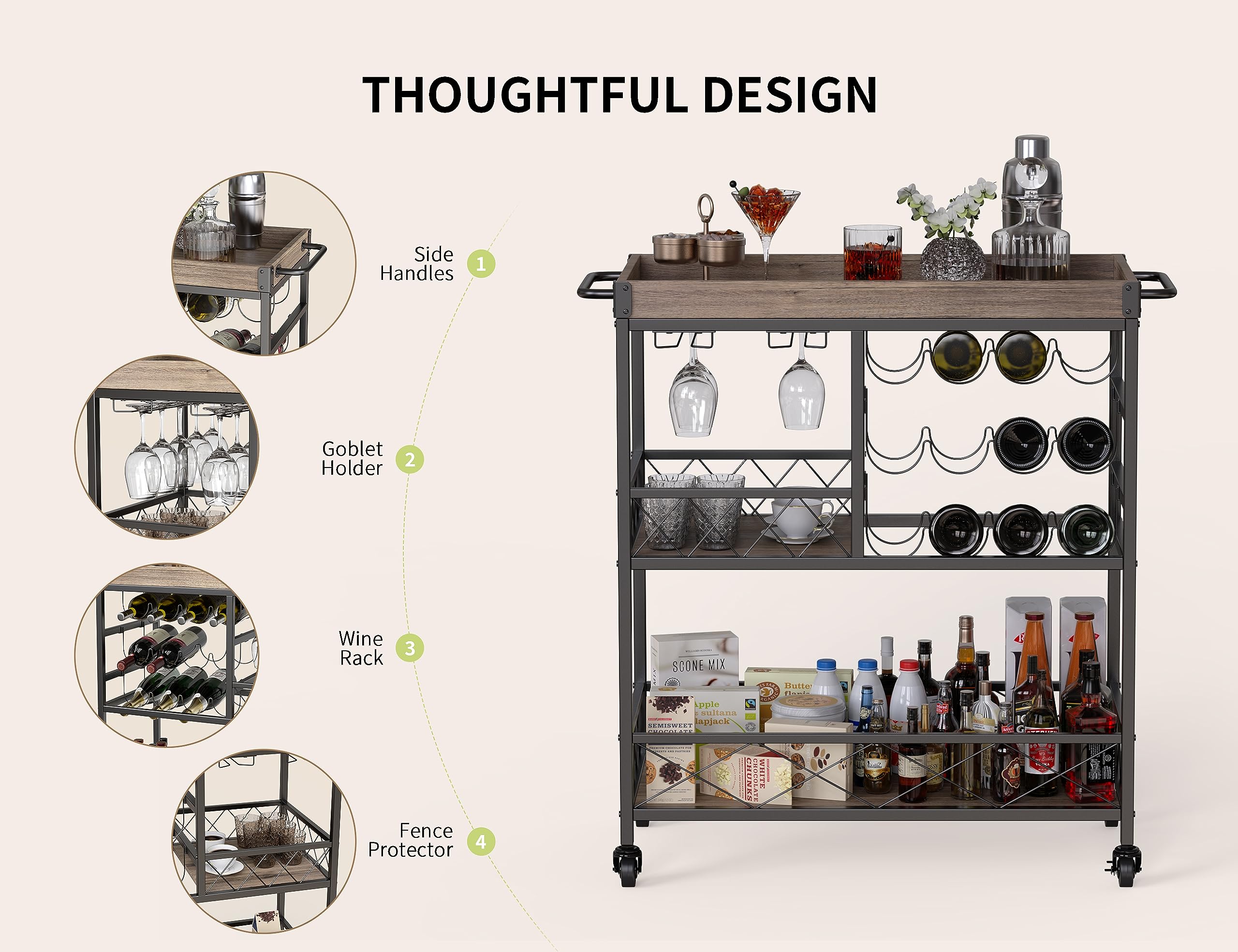 Gizoon 3 Tier 38" Home Bar Serving Cart with Large Storage Space, Mobile Kitchen Storage Trolley with Lockable Wheels, 12 Wine Rack, Glass Holder, Removable Tray (Gray)