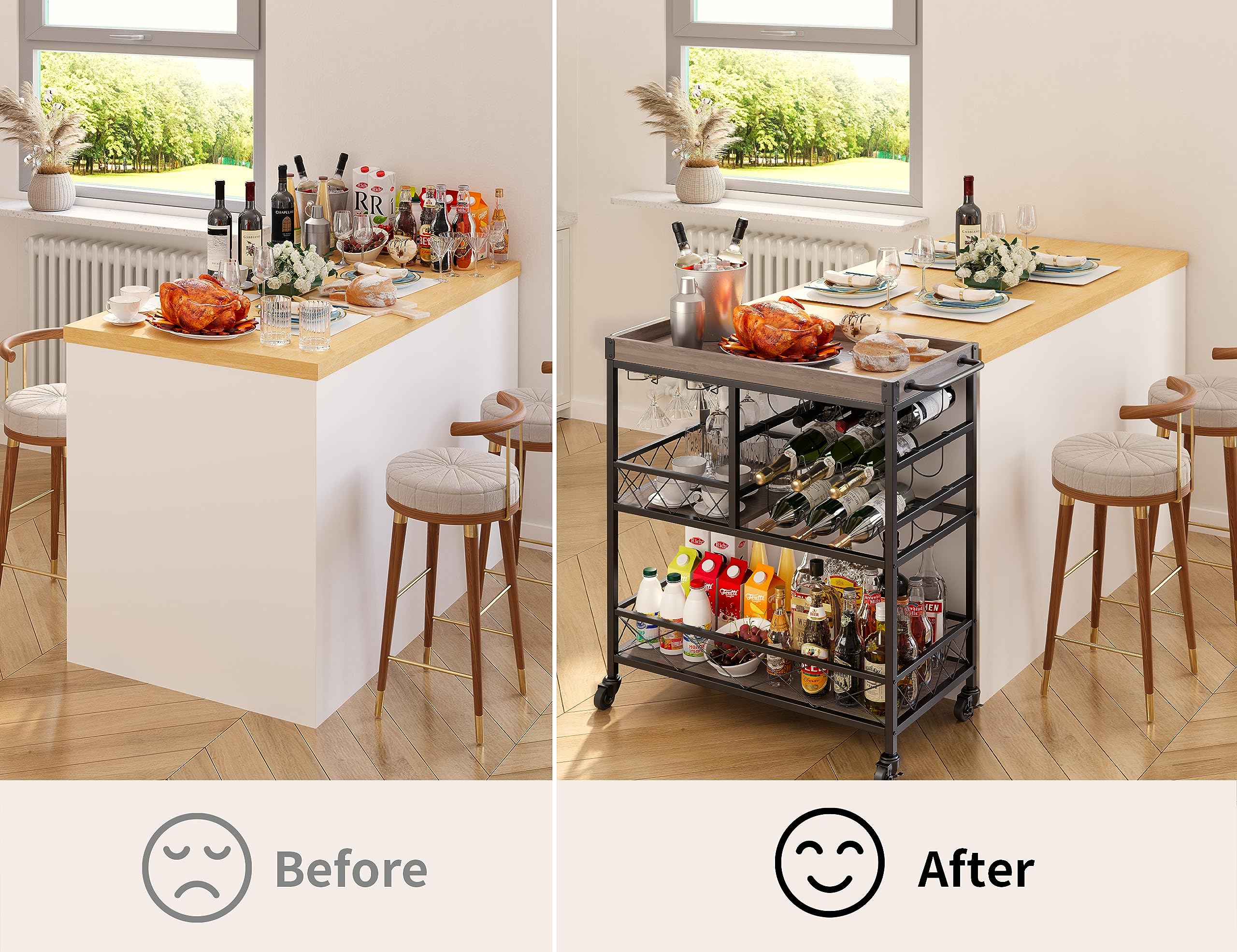 Gizoon 3 Tier 38" Home Bar Serving Cart with Large Storage Space, Mobile Kitchen Storage Trolley with Lockable Wheels, 12 Wine Rack, Glass Holder, Removable Tray (Gray)