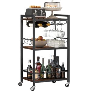 tutotak bar cart, home bar serving cart, microwave cart, drink cart, mobile kitchen shelf with wine rack and glass holder, rolling beverage cart for living room, kitchen, brown bc01bb032