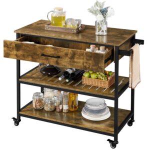 topeakmart 40 inch mobile kitchen island cart on wheels for home kitchen, 40 inch rolling utility trolley cart with drawer and storage shelf, 3-tier large kitchen work table dining cart, rustic brown