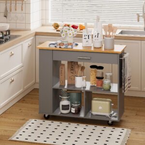 shintenchi kitchen island on wheels with large work countertop, storage island & cart with 3-tier spice rack, 3 open shelves and 1 drawer, gray