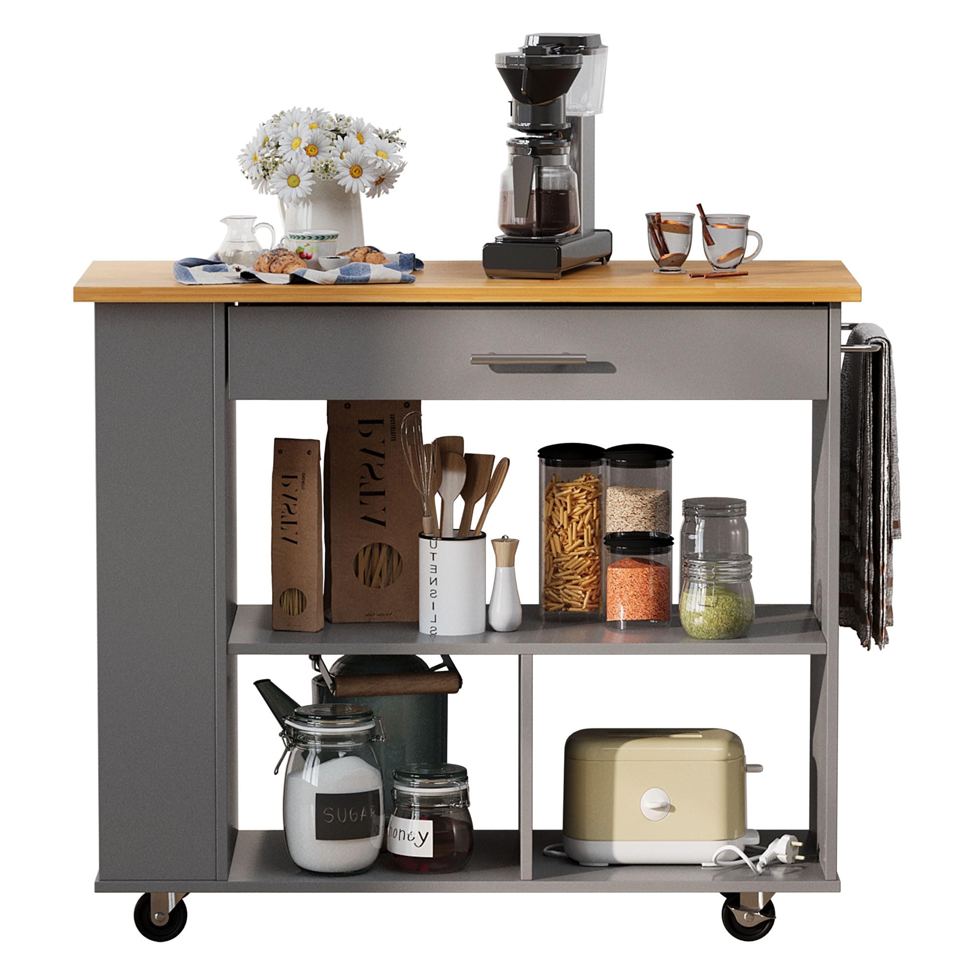 Shintenchi Kitchen Island on Wheels with Large Work Countertop, Storage Island & Cart with 3-Tier Spice Rack, 3 Open Shelves and 1 Drawer, Gray