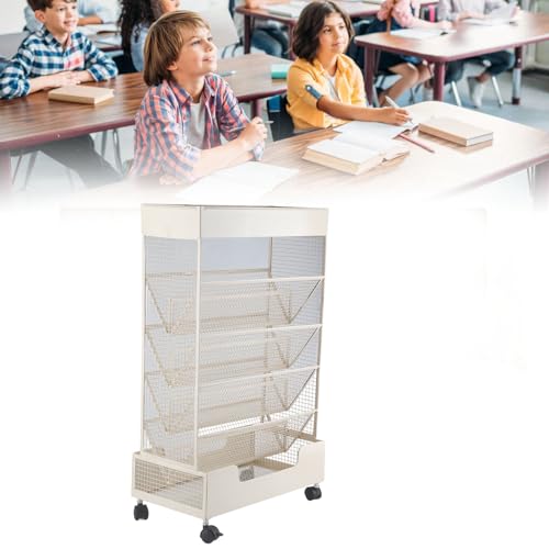 6 Tier Metal Movable Bookshelf, Large Capacity Metal Rolling Bookshelf Cart with Wheels, Rolling Organization Shelf Practical Rolling Utility Cart for Office Classroom