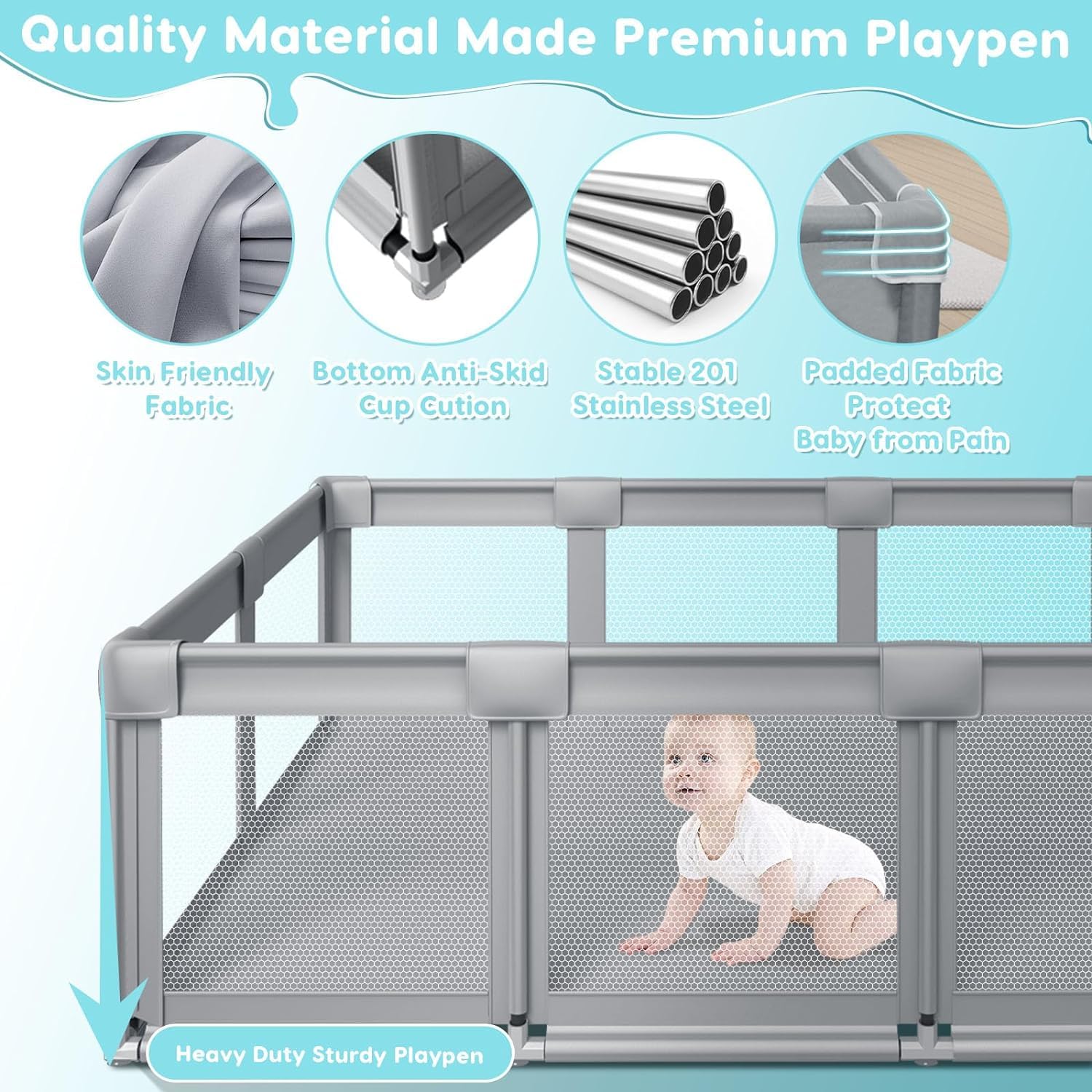 Fshibila 74" ×50" Large Baby Playpen, Baby Playard for Babies and Toddlers, Baby Fence Play Pens for Indoor & Outdoor, Sturdy Safety Play Yard with Soft Breathable Mesh, Anti-Fall, Grey