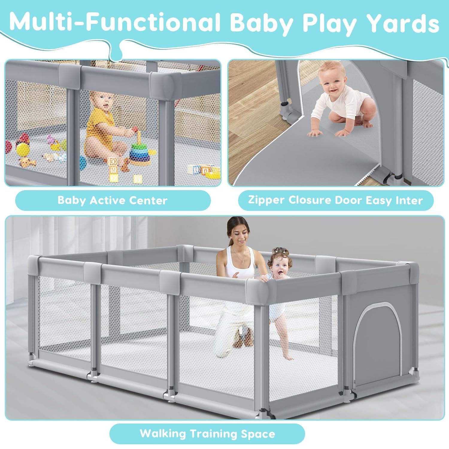 Fshibila 74" ×50" Large Baby Playpen, Baby Playard for Babies and Toddlers, Baby Fence Play Pens for Indoor & Outdoor, Sturdy Safety Play Yard with Soft Breathable Mesh, Anti-Fall, Grey