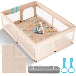 omzer baby playpen with mat 71"×59" - extra large playpen for babies and toddlers with mat included, safety playard for baby with gate, all-wrapped soft sponge baby gate playpen with stable mat velcro