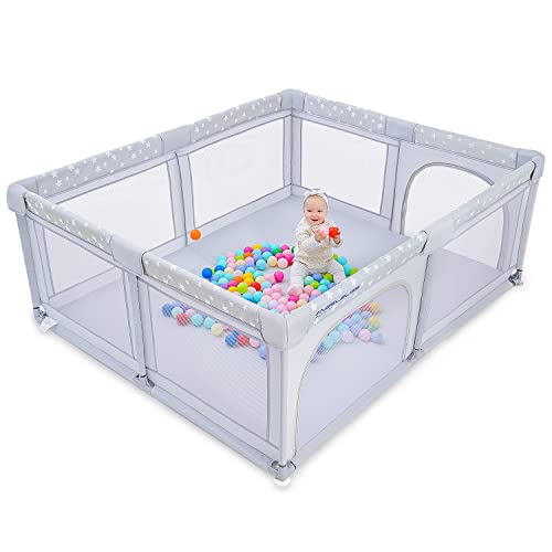 Baby Playpen, ANGELBLISS Playpen for Babies and Toddlers, Extra Large Play Yard with Gate, Indoor & Outdoor Kids Safety Play Pen Area with Star Print (Grey, 71"×59")