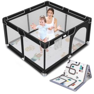 suposeu baby playpen with anti-slip mat for indoor and outdoor playard kids activity center with gate, portable baby fence area for babies and toddlers, black