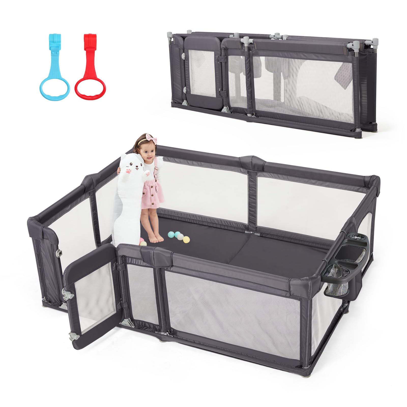 Baby Playpen,79"x59" Foldable Baby Playpen for Babies and Toddlers with Gate,Large Baby Play Pens with Zipper Door,Baby Play Yards Play Area (Deep Grey)