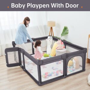 Baby Playpen,79"x59" Foldable Baby Playpen for Babies and Toddlers with Gate,Large Baby Play Pens with Zipper Door,Baby Play Yards Play Area (Deep Grey)