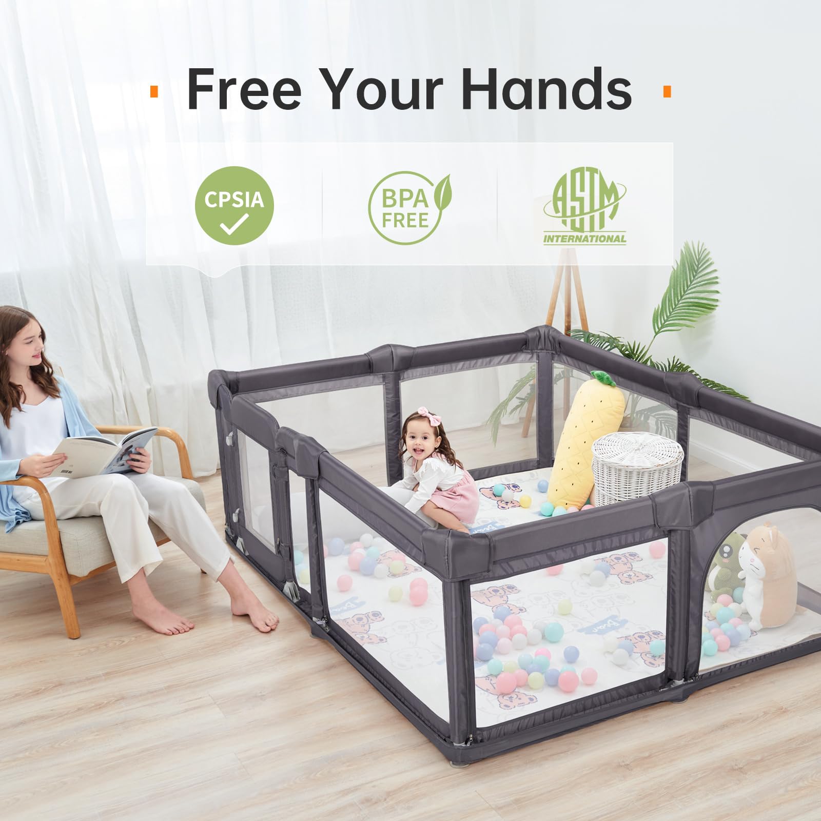 Baby Playpen,79"x59" Foldable Baby Playpen for Babies and Toddlers with Gate,Large Baby Play Pens with Zipper Door,Baby Play Yards Play Area (Deep Grey)