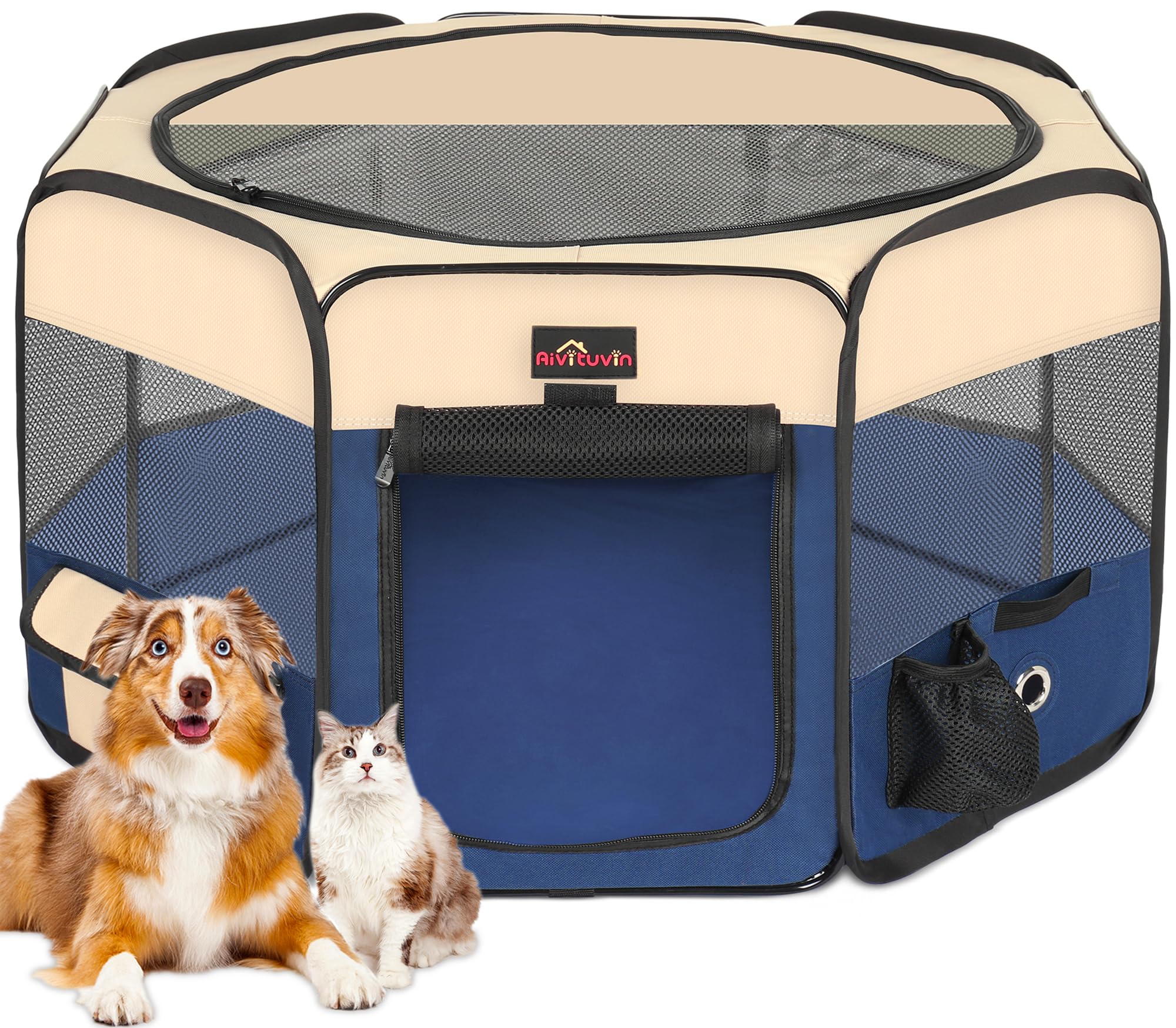 Dog Playpen, Cat Playpen - Foldable Pet Playpen with Carrying Case, Portable Pet Tent for Indoor/Outdoor Use | Water Resistant | Removable Shade Cover - (Blue, Small)