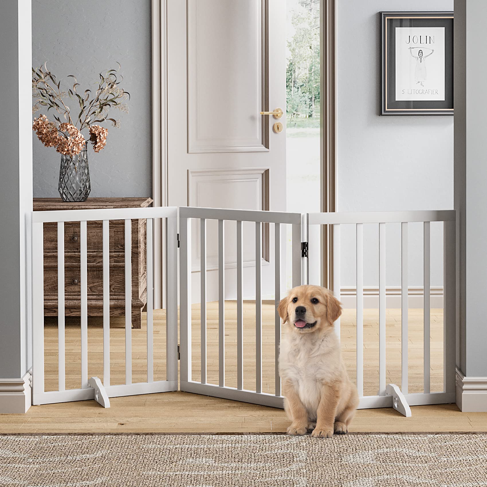 Semiocthome Wooden Dog Gates for The House 24"H Expandable Doggy Gates for Doorways 55"W Free Standing Pet Gate with 2 Support Feet for Stairs 3 Panels Dog Barriers for Home No Installation Resquired