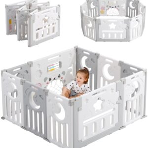 Dripex Baby Playpen, Foldable Playpen for Babies and Toddlers, Adjustable Shape Baby Fence, Safety Play Yard with Gate, Portable Play Area for Indoor or Outdoor (Grey+White,10 Panel)